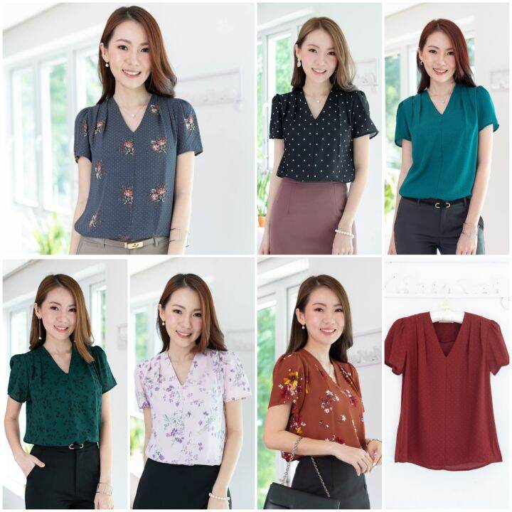 Narinari : MT0601 V-Collar Classic Blouse – เสื้อทำงานคอวี | Lazada.co.th