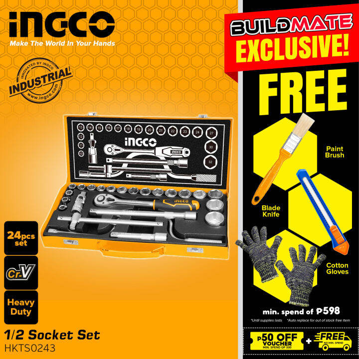 INGCO 24PCS Socket Set 1/2" Inch Drive Tool Kit Set Quick Release For Auto Repair And Household ...