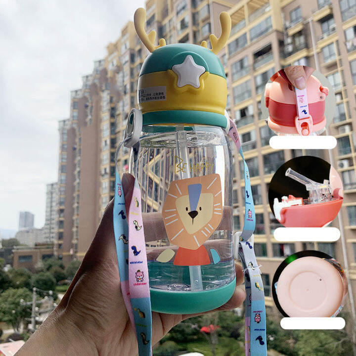 ถ้วยน้ำความจุขนาดใหญ่ฤดูร้อนอนุบาลเขากวางรูปร่างถ้วยพลาสติกพร้อมฟาง ...