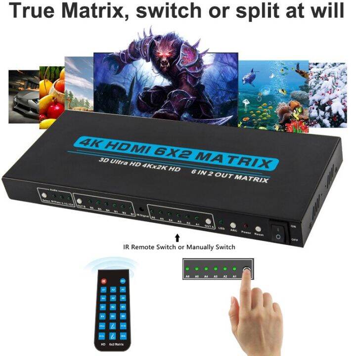 4k 6x2 Matrix 6 In 2 Out HDMI Matrix Switch Splitter for PS3 PS4 Xbox DVD T`V Box Camera ...