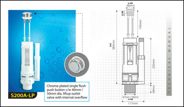TECHPLAS S200A S/F 40MM/50MM LIFTUP OUTLET VALVE C/W 38MM SINGLE CP PUSH BUTTON + DIY | Lazada