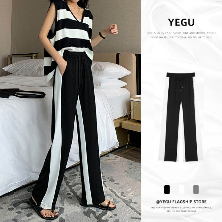 YEGU กางเกงสเวตเตอร์ผ้าไหมน้ําแข็งลายทางผู้หญิงฤดูร้อนปี กางเกงสูทหลวม ...
