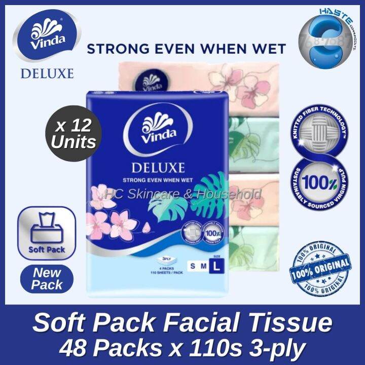 Vinda Deluxe Soft Pack Facial Tissue Large 3ply - (4 x 110's) x 12 ...