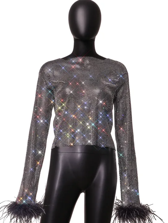 Trendy Shiny Crystal Full Rhinestone Transparent Mesh Crop Top for ...