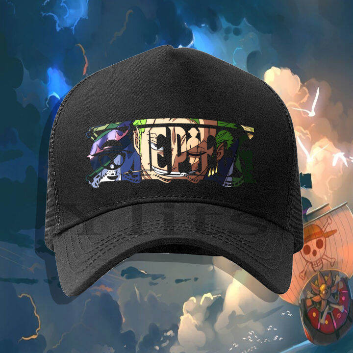one piece : zoro netcap or trucker cap, anime design, white and black ...