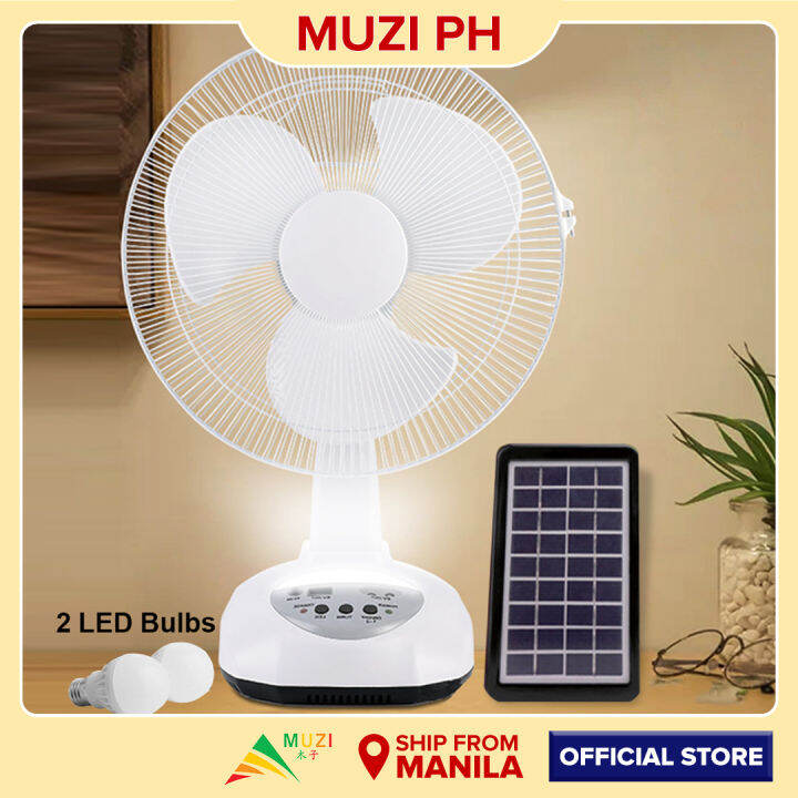 Muzi Solar Recahrgeable Electric Fan Stand Fan With 2 LED Light Bulbs ...