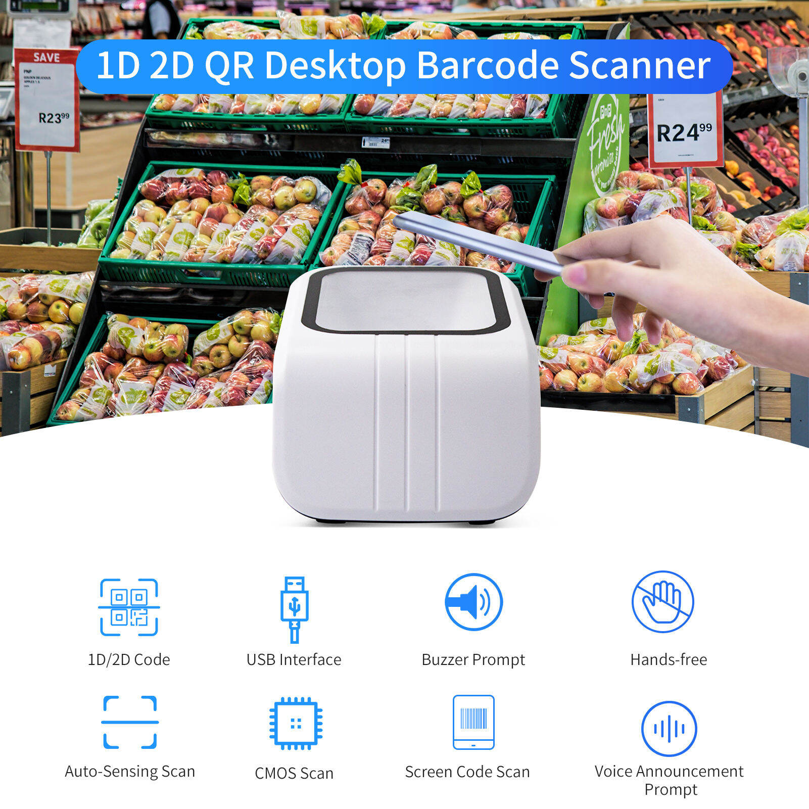 1D 2D QR Barcode Scanner แพลตฟอร์มเสียงประกาศ Prompt USB แบบมีสาย Bar ...