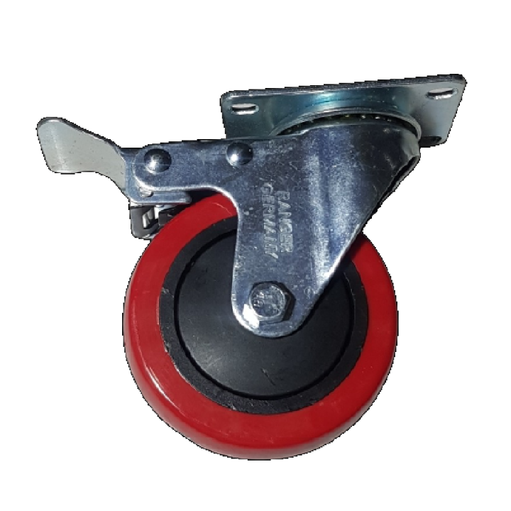 Roda Troli Troly Trolly PU Merah 4" Inch Rem Swivel Brake Ranger ...