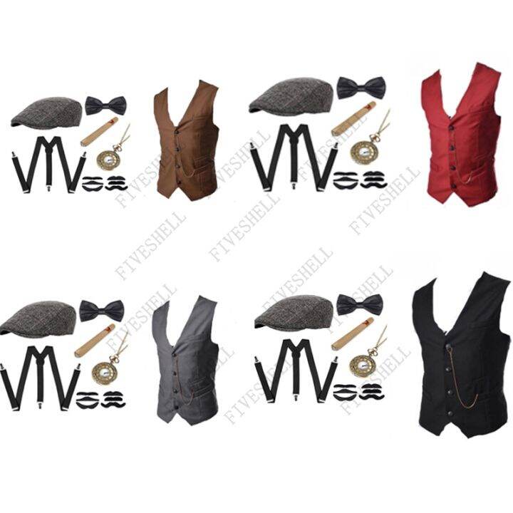 Men's Gangster Costume And Accessories Set Steampunk WaistCoat Peaky ...