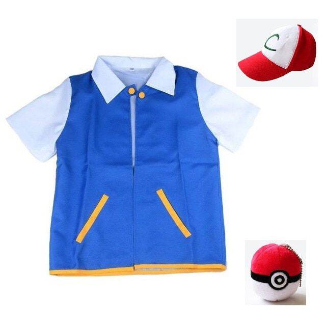 Cosplay Ash Ketchum Cosplay Costume Blue Jacket Gloves Hat Ball Halloween Costumes Lazada