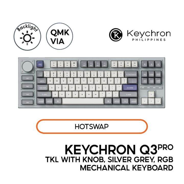 Keychron Q3 Pro with Knob QMK Mechanical Keyboard, Silver Grey, TKL ...