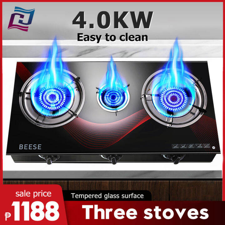 Three-burner gas stove, stainless steel body, tempered glass surface ...