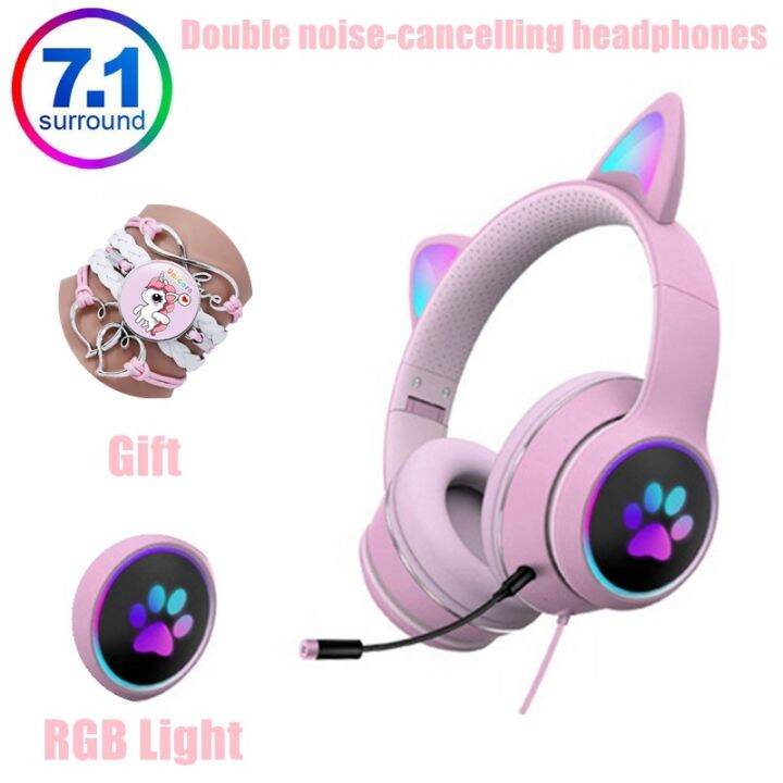 Cat Ear Gamer Headset Girl Cute Headset Double Noise-Cancelling ...