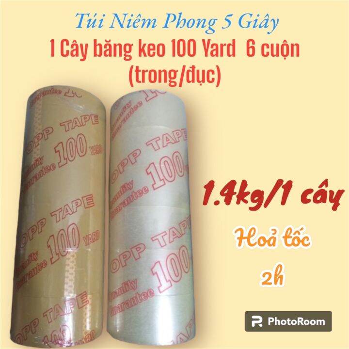 Băng keo trong/đục 200yard bề rộng 48mm nặng 1.4kg/1cây 6 cuộn lõi 5 Li độ dính 50 Mic - Túi ...