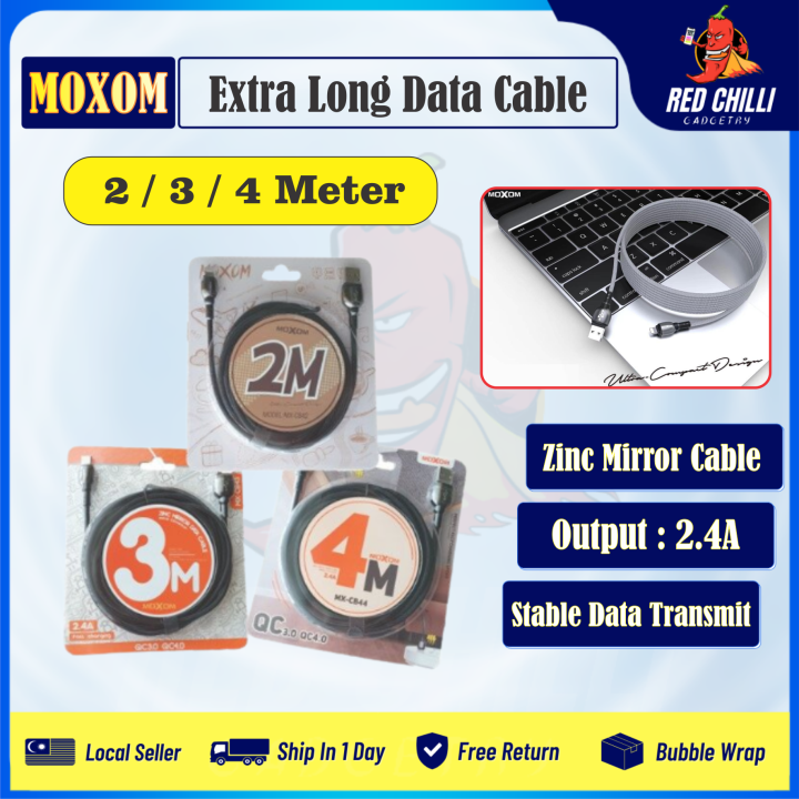MOXOM Extra Long USB Cable 2 3 4 Meter Metres 2.4A Zinc Mirror Data ...