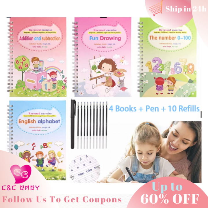 C&C BABY 4 Book/Set English Sank Magic Book For Kids Writing Paste ...
