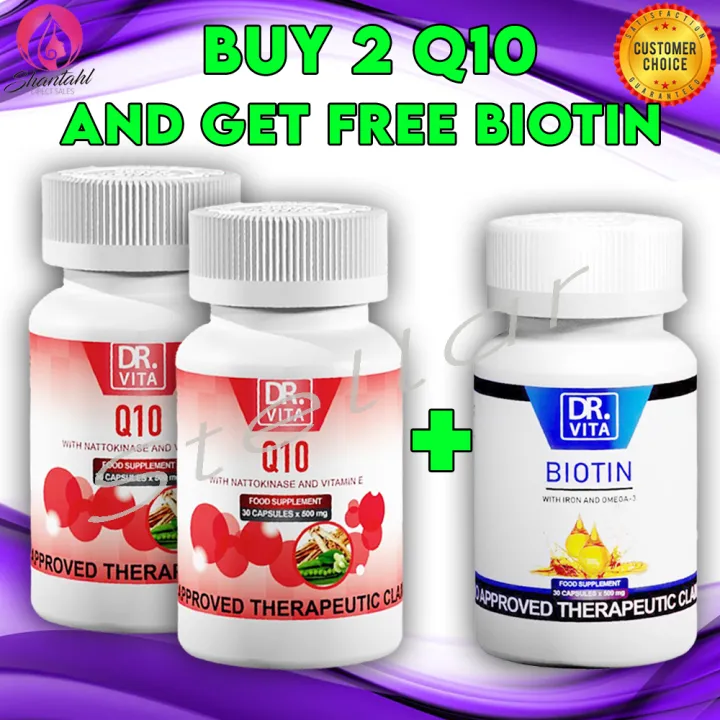 FREE BIOTIN! 2 BOTTLES OF Authentic Dr. Vita Q10 with Nattokinase and Vitamin E for Healthy ...