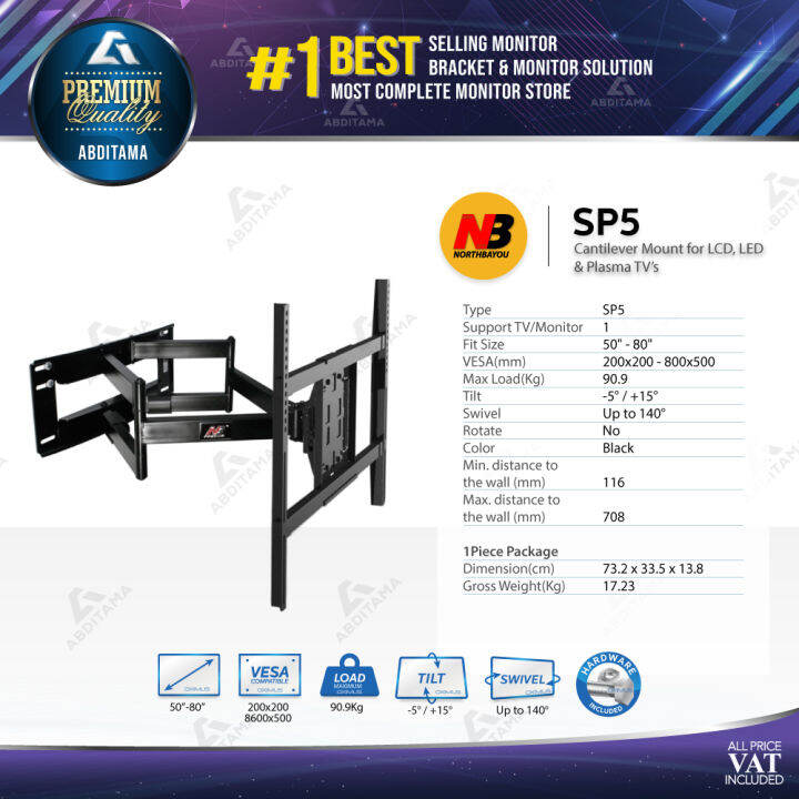 BRACKET TV MONITOR 50"-80" NORTH BAYOU NBSP5 NB SP5 WALL TILT SWIVEL ...