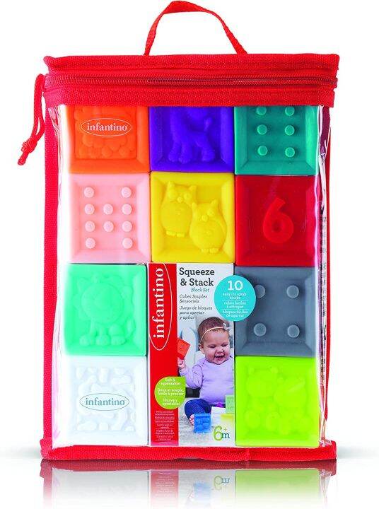 Infantino : Squeeze & Stack Block Set - 10 pcs - ชุดบล็อกบีบเรียงชั้น ...
