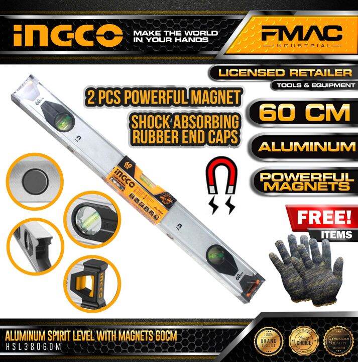 INGCO Aluminum Spirit Level with Magnets 60cm HSL38060M + FREEBIES FMAC⭐⭐⭐⭐⭐ | Lazada PH