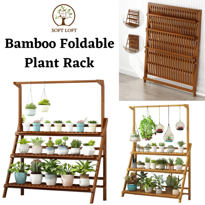 Plant Rack Flower Plant Stand Bamboo Hanging Plant Shelf Foldable 3 ...