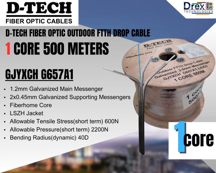 D-Tech FTTH Drop Cable 1Core 500M G657A1 - With 3-Steel Messenger Wire ...