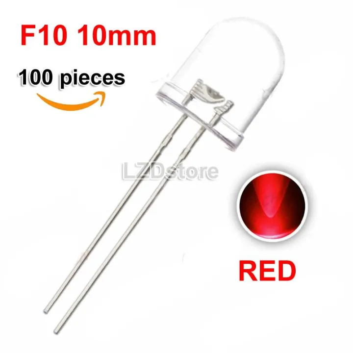 100pcs 10mm F10 Red LED Diode Water Clear 20mA 2V 620-625nm Light Round ...