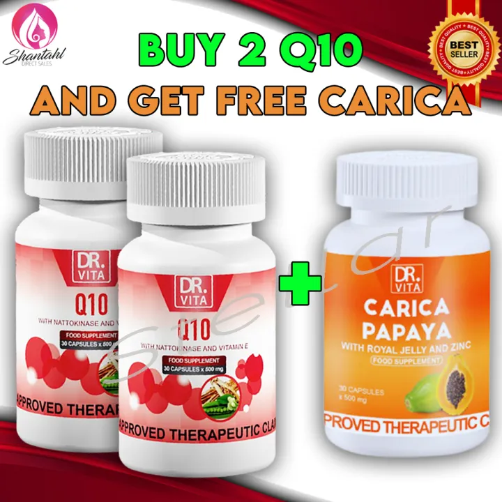 FREE CARICA PAPAYA! 2 BOTTLES OF Authentic Dr. Vita Q10 with Nattokinase and Vitamin E for ...
