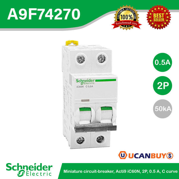 Schneider A9F74270 Miniature circuit-breaker, Acti9 iC60N, 2P, 0.5 A, C curve, 6000 A (IEC 60898 ...