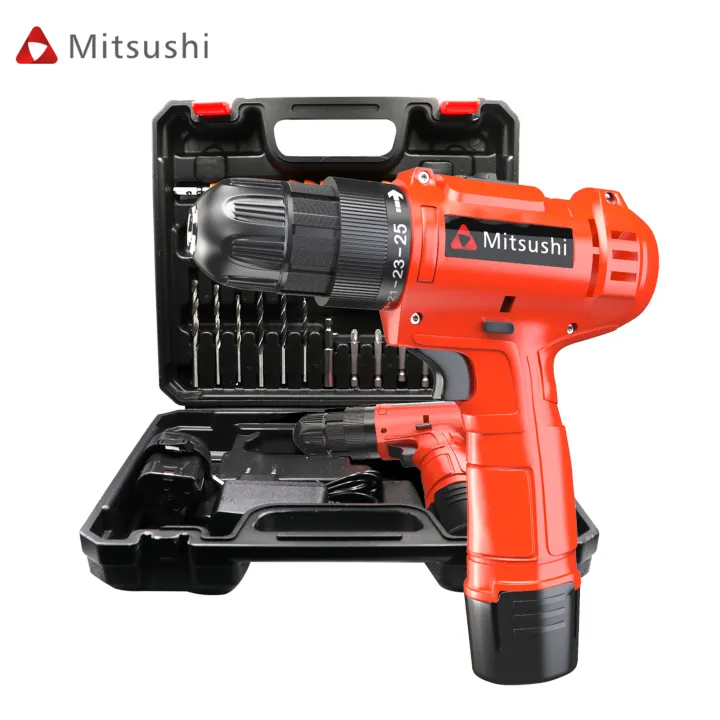 Mitsushi Cordless Drill Driver 12V Double-Speed with 2 Li-ion Batteries and Free Accessories Kit ...