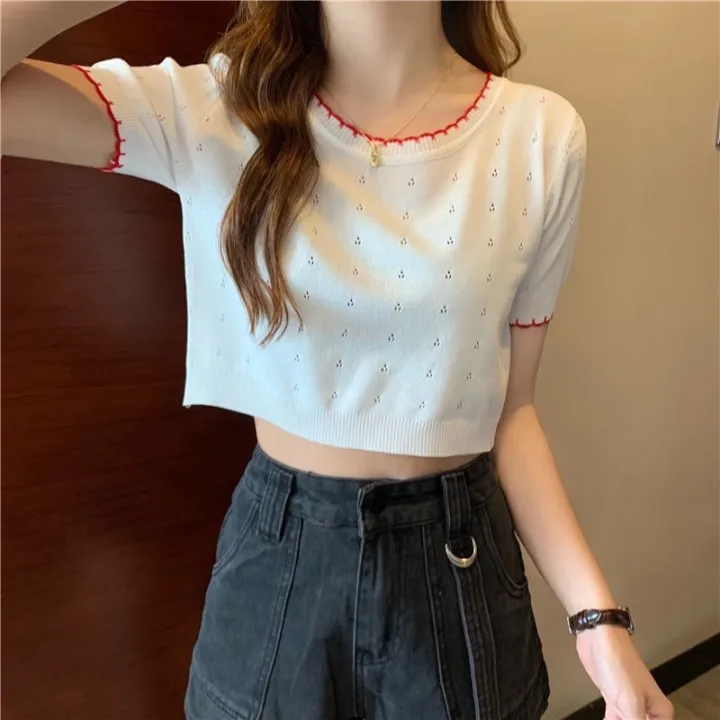 XJXJ.SHOP เสื้อครอปเย็บขอบตกแต่งเรียบสวย 9591 | Lazada.co.th