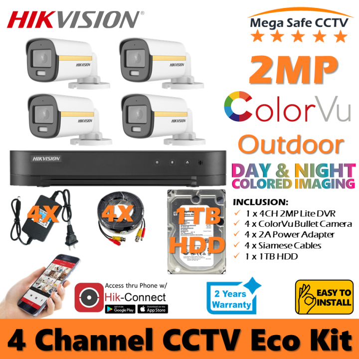 HIKVISION 4CH 2MP 4Cameras Outdoor Bullet, 2 ColorVU 4CH DIY CCTV ECO Package Complete Kit 4 ...