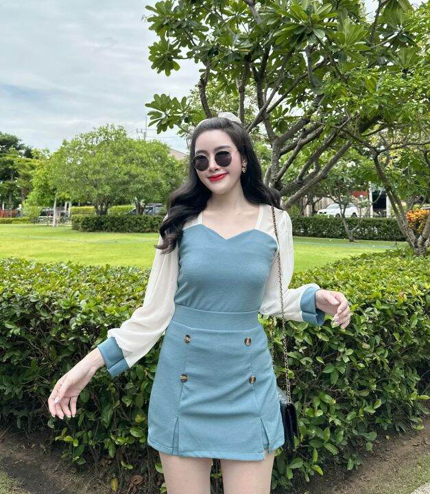 พร้อมส่ง ชุดเซตผ้าวูลเวฟ เสื้อแขนยาวผ้าซีฟองอกทรงหัวใจ+กางเกงกระโปรงแต่งกระดุมไม้ (F72,F73 ...