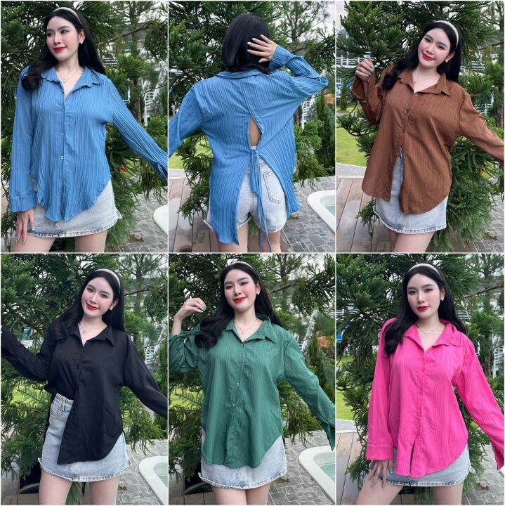 เสื้อเชิตผ้าเปลือกไม้ มีสายผูกโบว์ด้านหลัง (่JB022) | Lazada.co.th