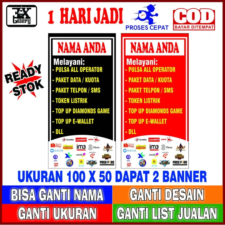 BANNER KONTER , SPANDUK KONTER, TERMURAH PAKET HEMAT. Ukuran 100 X 50, bisa ganti nama, tulisan ...