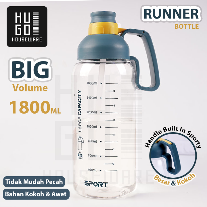HUGO Botol Minum Bening Besar Jumbo 1800 ml Anti Bocor dengan Handle ...