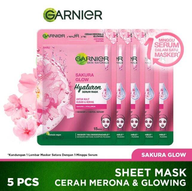 MASKER WAJAH GARNIER SERUM MASK SAKURA GLOW isi 5 pcs | Lazada Indonesia
