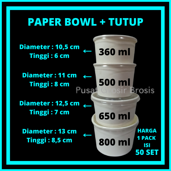 [1 PAK ISI 50 PCS] Paper bowl 360ml 500ml 650ml 800ml + tutup / Mangkuk kertas / wadah kertas ...