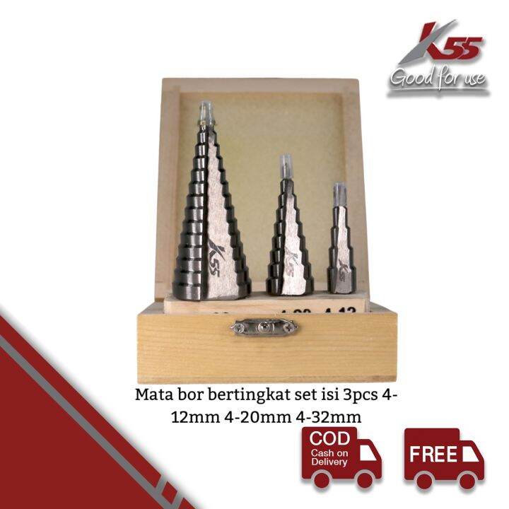 K55 Mata Bor Bertingkat Bor Pagoda Set HSS Step Drill Set 3pcs Piramid ...