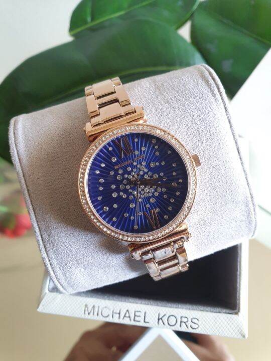 Michael Kors MK3971 Sofie Quartz Blue Dial Crystal Rose Gold Tone 36mm ...