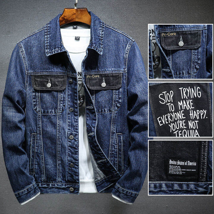 BTTY Ansika ชาย + แฟชั่นแจ็คเก็ต Denim พิมพ์ภาษาอังกฤษเสื้อแจ็คเก็ตผ้า ...