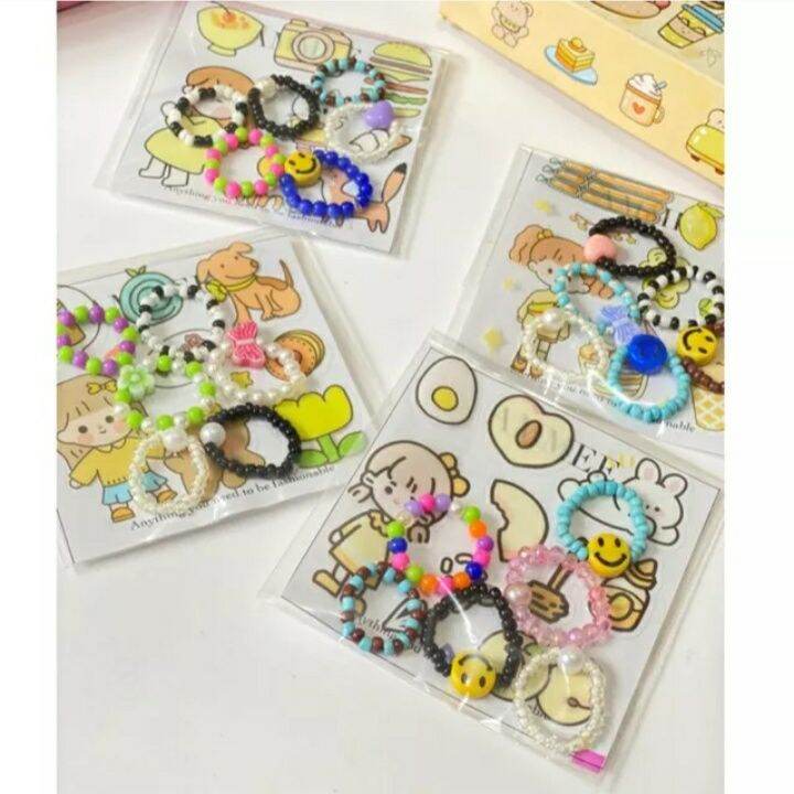 PAKET 6pcs FREE STIKER Cincin Korea Manik Manik Lucu / Beads Ring ...