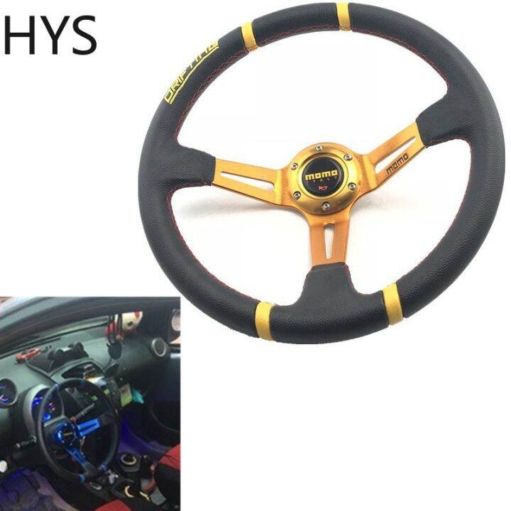 HYS MOMO Universal 14inch Deep Dish Drifting Sport Steering Wheel Leather Surface Racing Style ...