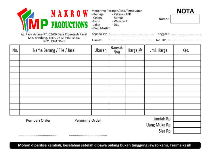 cetak nota perusahaan 1ply ukuran 1/2 folio 21.5 x 16,5 bon loundry ...
