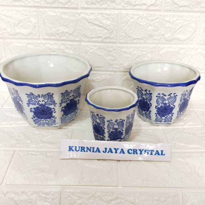 Pot Tanam Set 3 Model Belimbing/ Pot Tanaman Keramik Biru Putih/ Pot ...