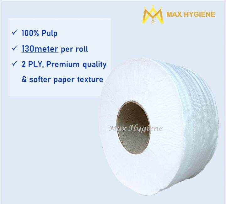 2 PLY Jumbo Roll Tissue Paper 100% Pulp JRT / 130 meter per roll (1Ctn ...