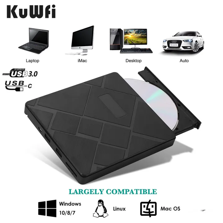 KuWFi USB 3.0 CDDVD Player External Optical Drive Portable Type-C CD Burner High Speed TFSD Card ...