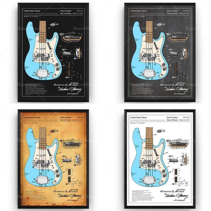 ۞ Fender Precision Bass Guitar 1961 Colourised Patent Print Wall Art ...