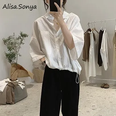 Alisa.Sonya Women's plain shirts Korean style Bat-sleeved Polo collar ...