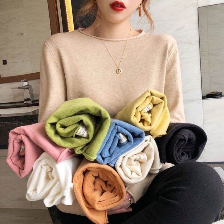 XJXJ.SHOP เสื้อไหมพรมแขนยาวสีพื้นแต่งง่ายสวยหรู E017 | Lazada.co.th